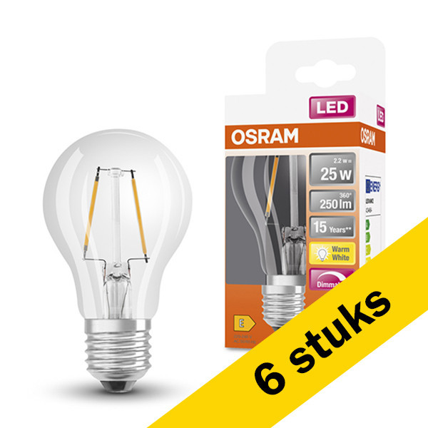 Aanbieding: 6x Osram LED lamp E27 | Peer A60 | Filament | Helder | 2700K | Dimbaar 2.2W (25W ...